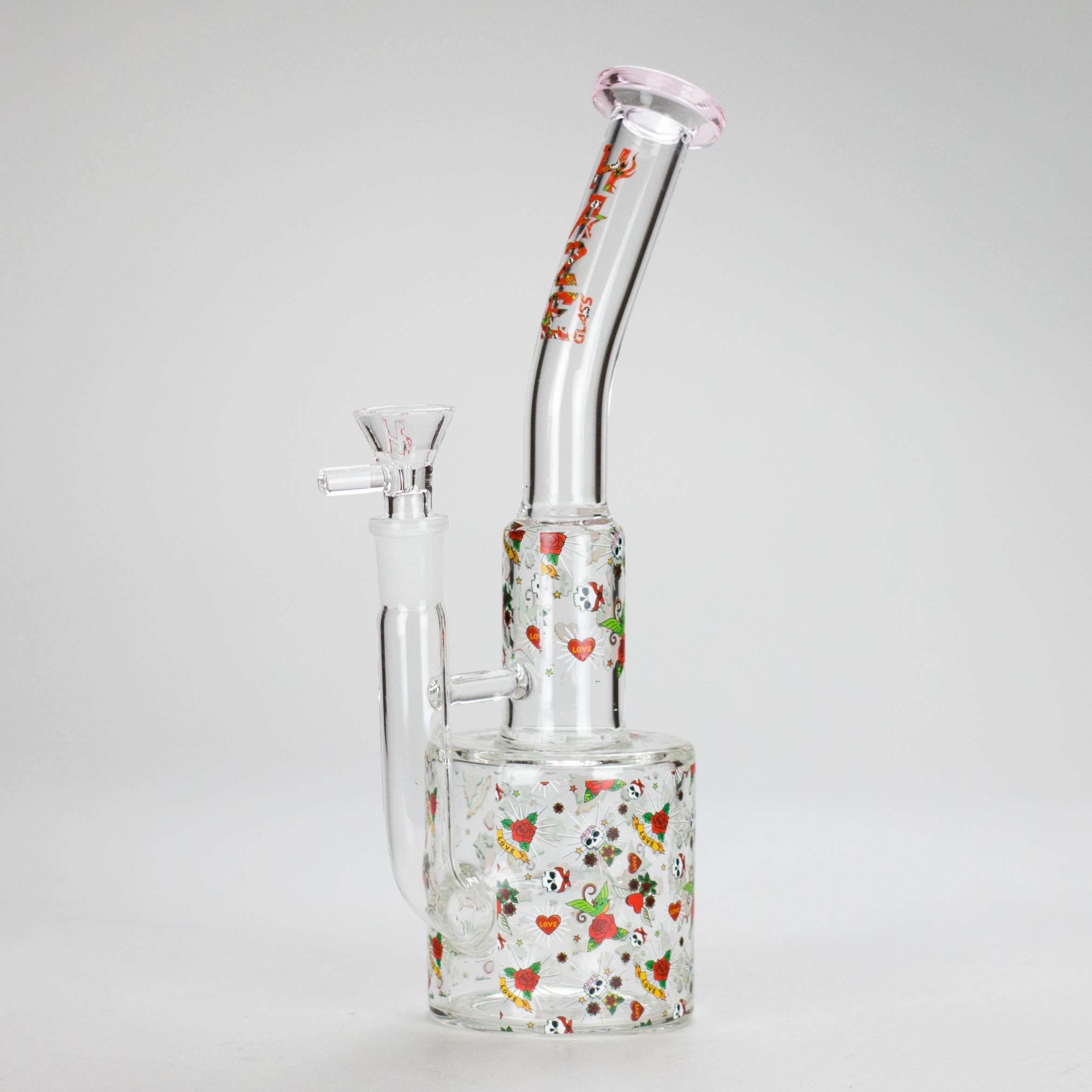 O Haze | 10″ Skull & Red Roses Glass Bong – Pink (Mini-S)